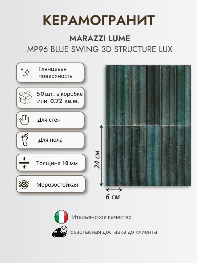 Керамогранит MARAZZI LUME MP96 Blue Swing 3D Structure LUX, 6x24 см, рифленая, синий глянцевый