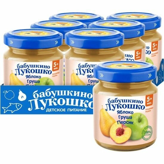 Пюре Бабушкино лукошко Яблоко Груша Персик с 5 месяцев 100 гр, 6 шт.