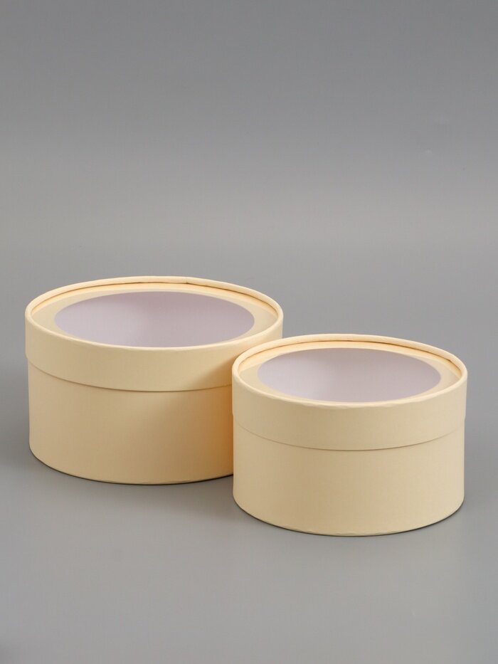 Набор подарочных коробок 2 в 1 круглых, сливочная, с окном, 21×11 - 18×10 см