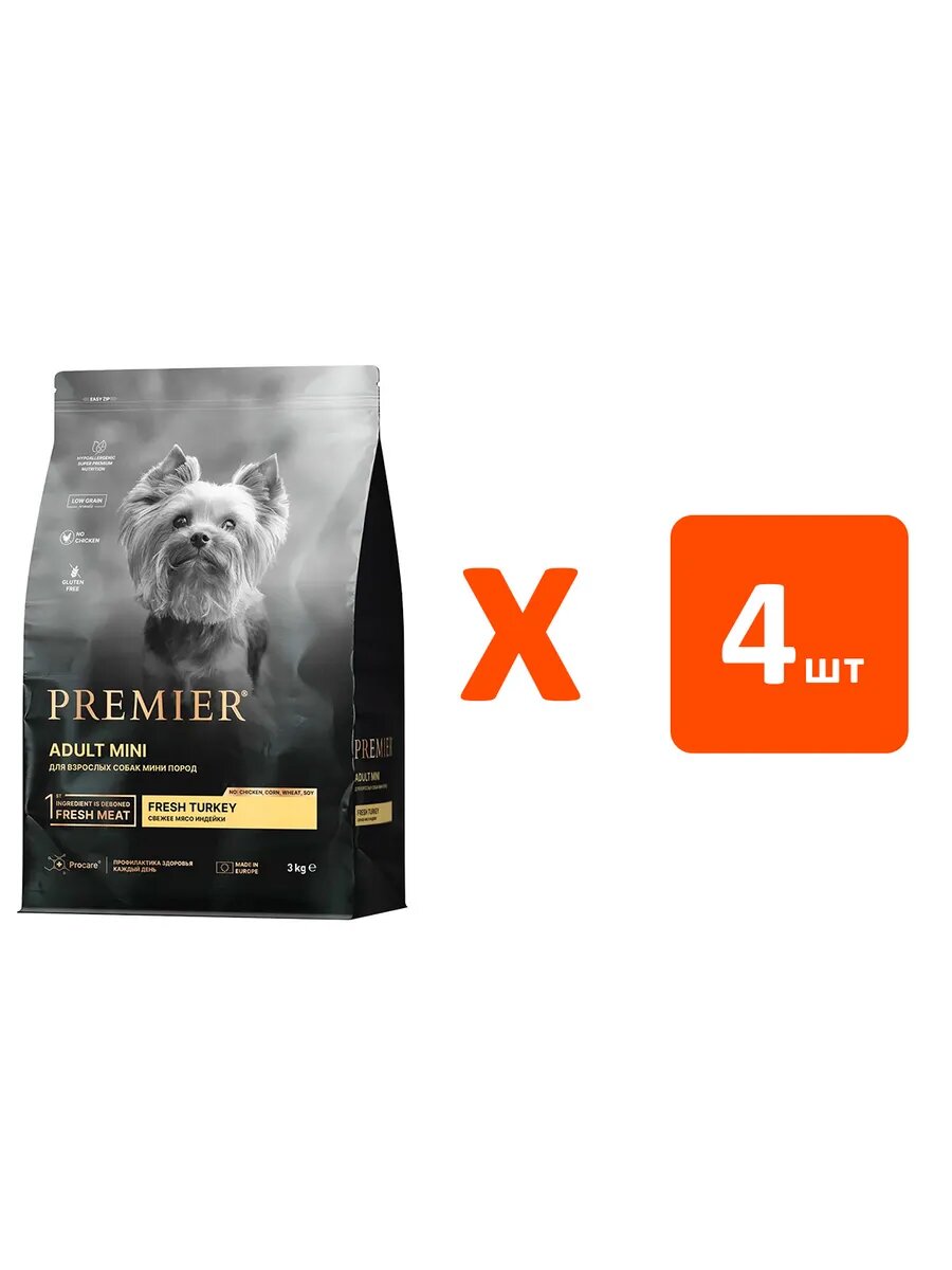 Корм сухой Premier Low Grain Dog Adult Mini Turkey низкозерновой для взрослых собак мелких пород, индейка, 3 кг 4 шт