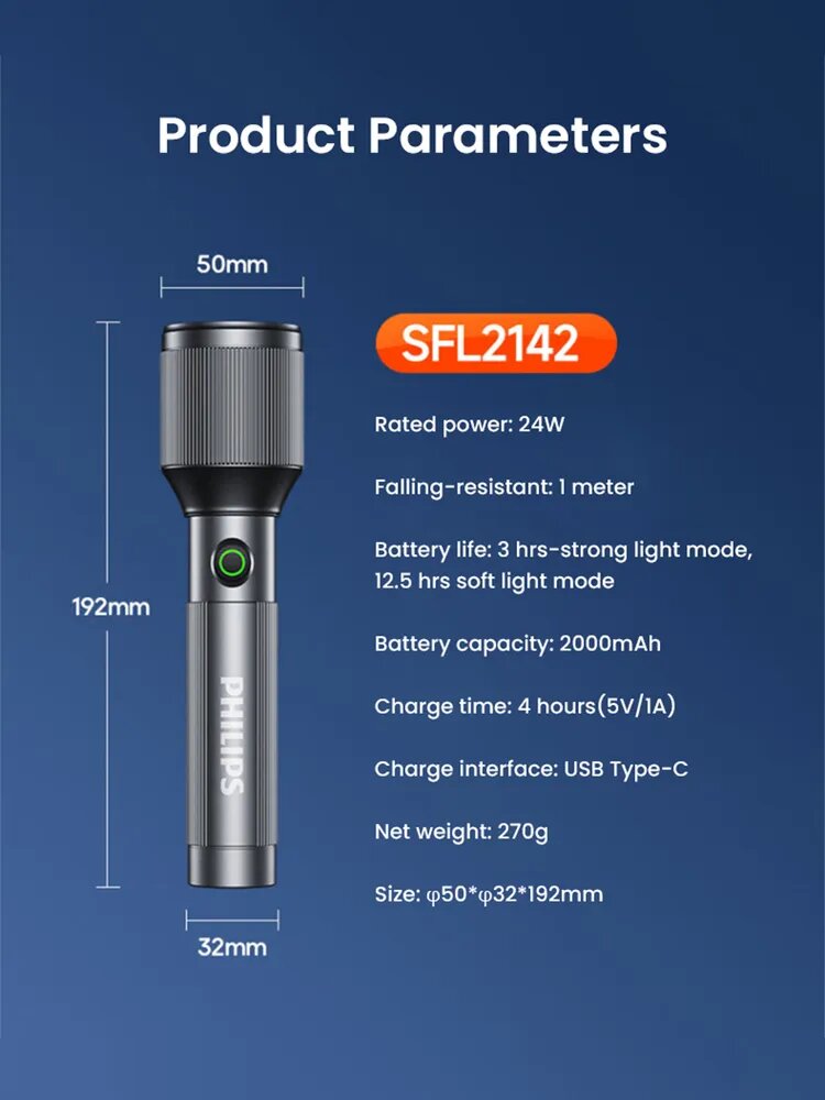 Philips Фонарь-прожектор SFL2142, ручной фонарь, 500 люмен, 24 Вт, 900 м, встроенный аккумулятор, черный — фото 1