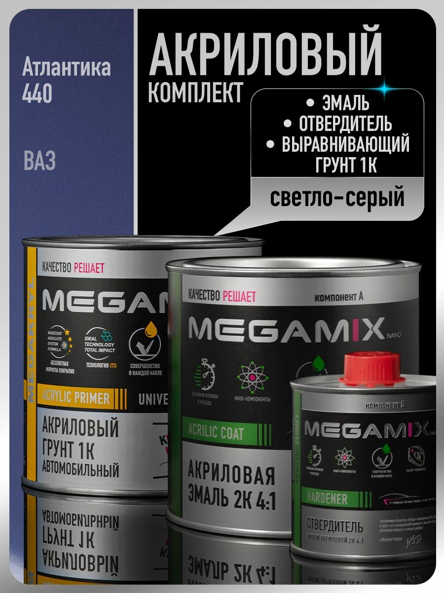 Комплект Акриловая краска автомобильная 2К , Атлантика 440, 840мл + Отвердитель 2K 210 мл + Грунт акриловый 1К , светло-серый, 800 г