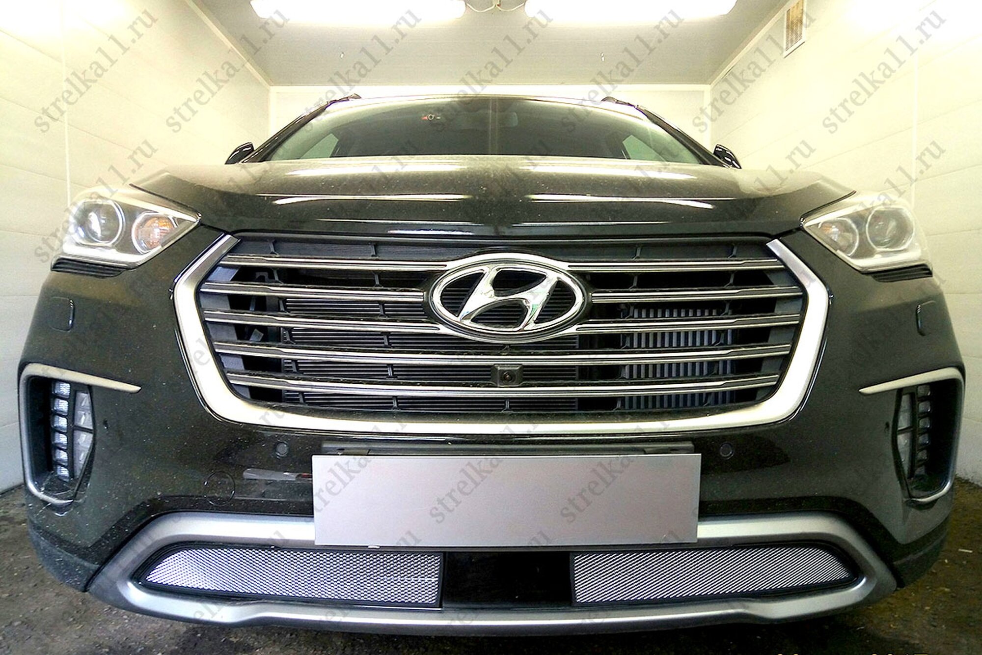 Защитная сетка радиатора с окантовкой для Hyundai Grand Santa Fe 2016-2018 (I рестайлинг), с датчиком ACC, хром