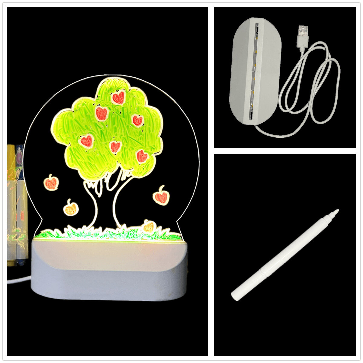 Круглая жесткая акриловая доска для рисования с белым маркером и теплым светом, кабель USB 0.8 м для детей