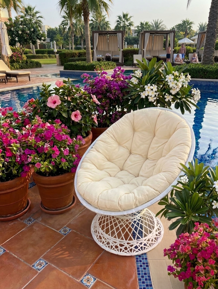 Кресло Ajurio "Папасан мини", садовое, плетёное, белое, с подушками