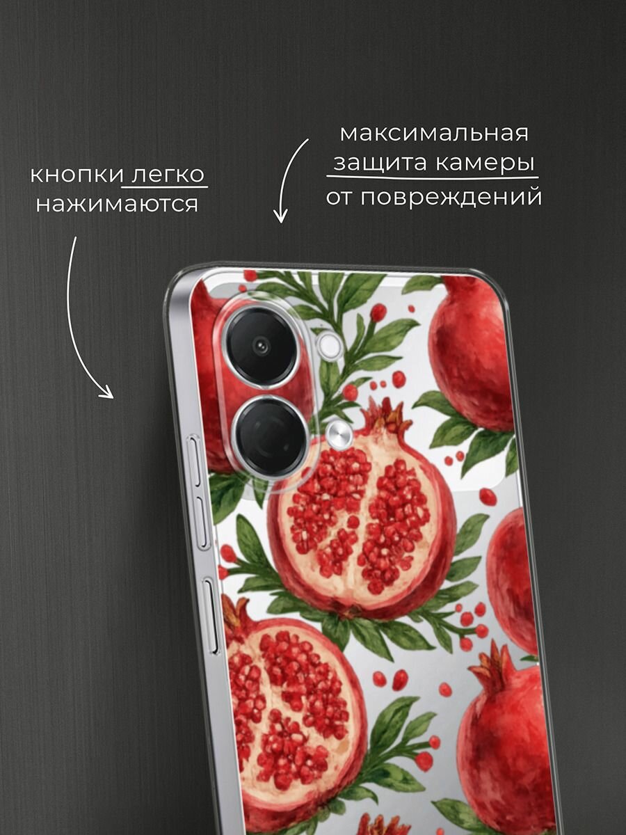 Чехол на Tecno Spark Go 3 / Текно Спарк Го 3 с принтом Гранат с листьями, прозрачный — фото 1