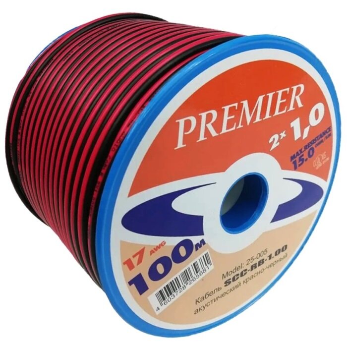 Акустический аудио кабель Premier 25-005 2*1мм для колонок и динамиков - 100м красно-чёрный
