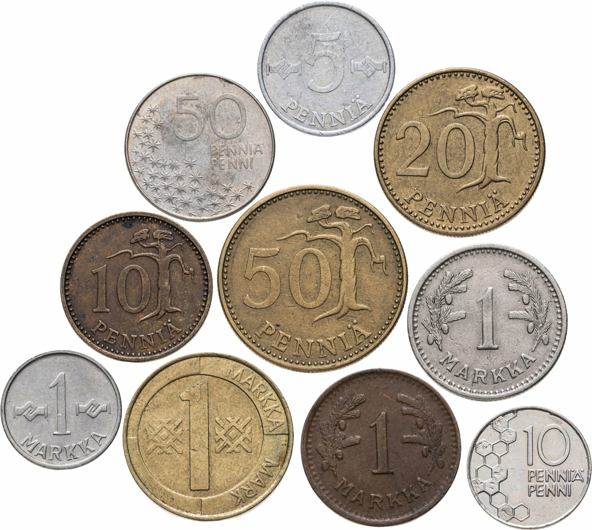 Финляндия набор из 10 монет 5, 10, 20, 50 пенни и 1 марка 1933-1999, Алюминиевая бронза, в сохранности VF-UNC
