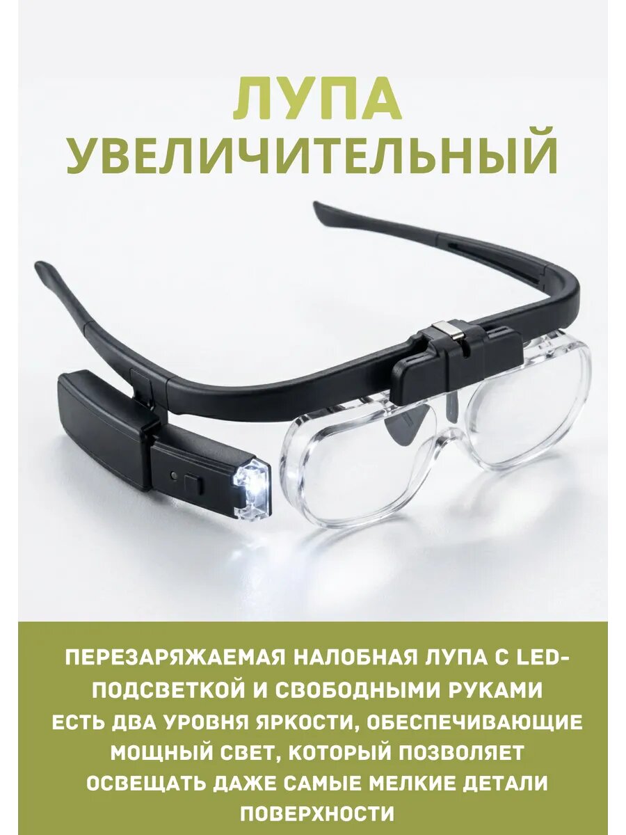 Очки лупа, с подсветкой, на аккумуляторе, со сменными линзами, 1,5-4,5х, чёрные
