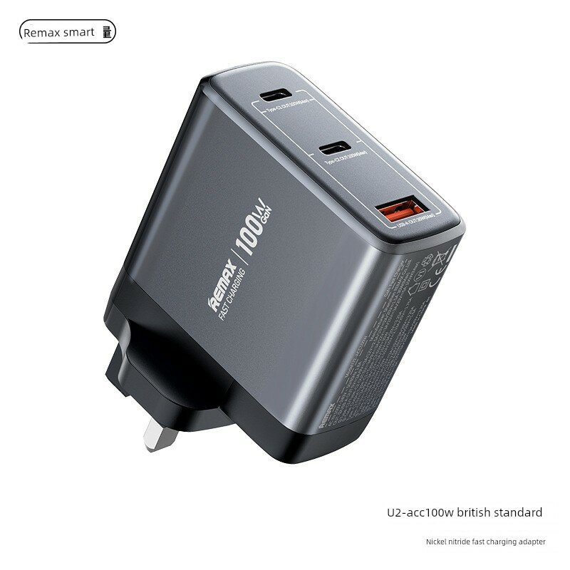 Remax U2 100W GaN USB-C Зарядное устройство с британской вилкой для iPhone 15, высокоскоростная быстрая зарядка