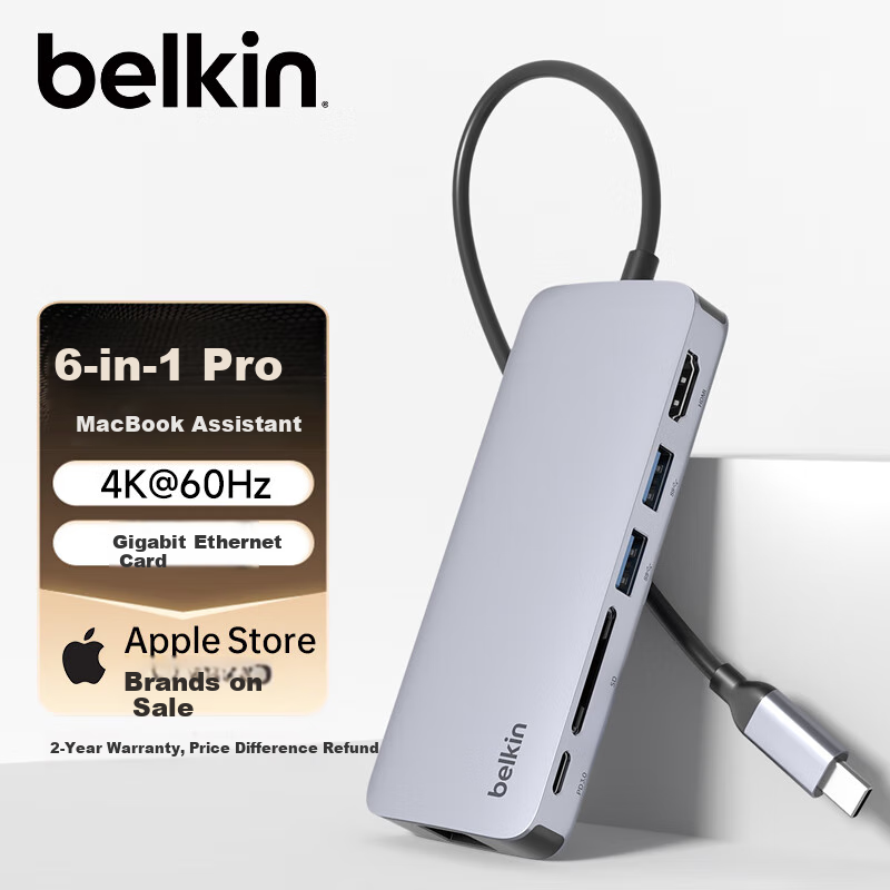 Док-станция Belkin AVC008-V2, 6-в-1, с PD-питанием, для MacBook, iPad, USB/HDMI, Ethernet