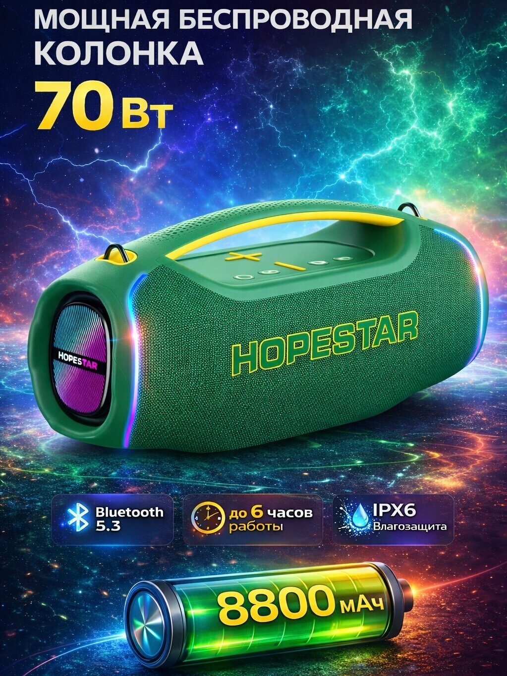 Портативная беспроводная колонка Hopestar H63 70 вт с влагозащитой Зеленый