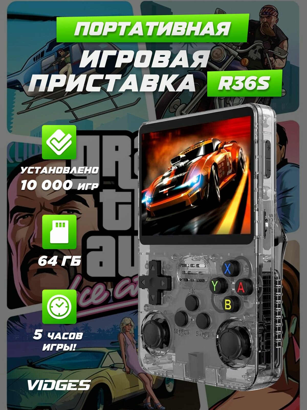 Портативная игровая приставка Vidges R36S для игр PSP, PS1, DreamCast, N64, NDS, NES 64 GB