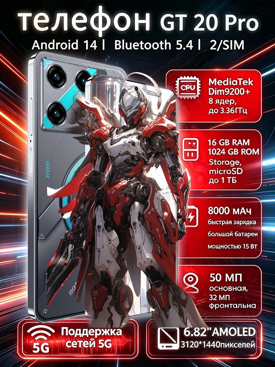 Смартфон GT20 Pro, 16 ГБ/ 1024ГБ, 8000 мА·ч, 3120x1440, Android 14, 50Мп камера, Две SIM-карты, Поддержка 5G.