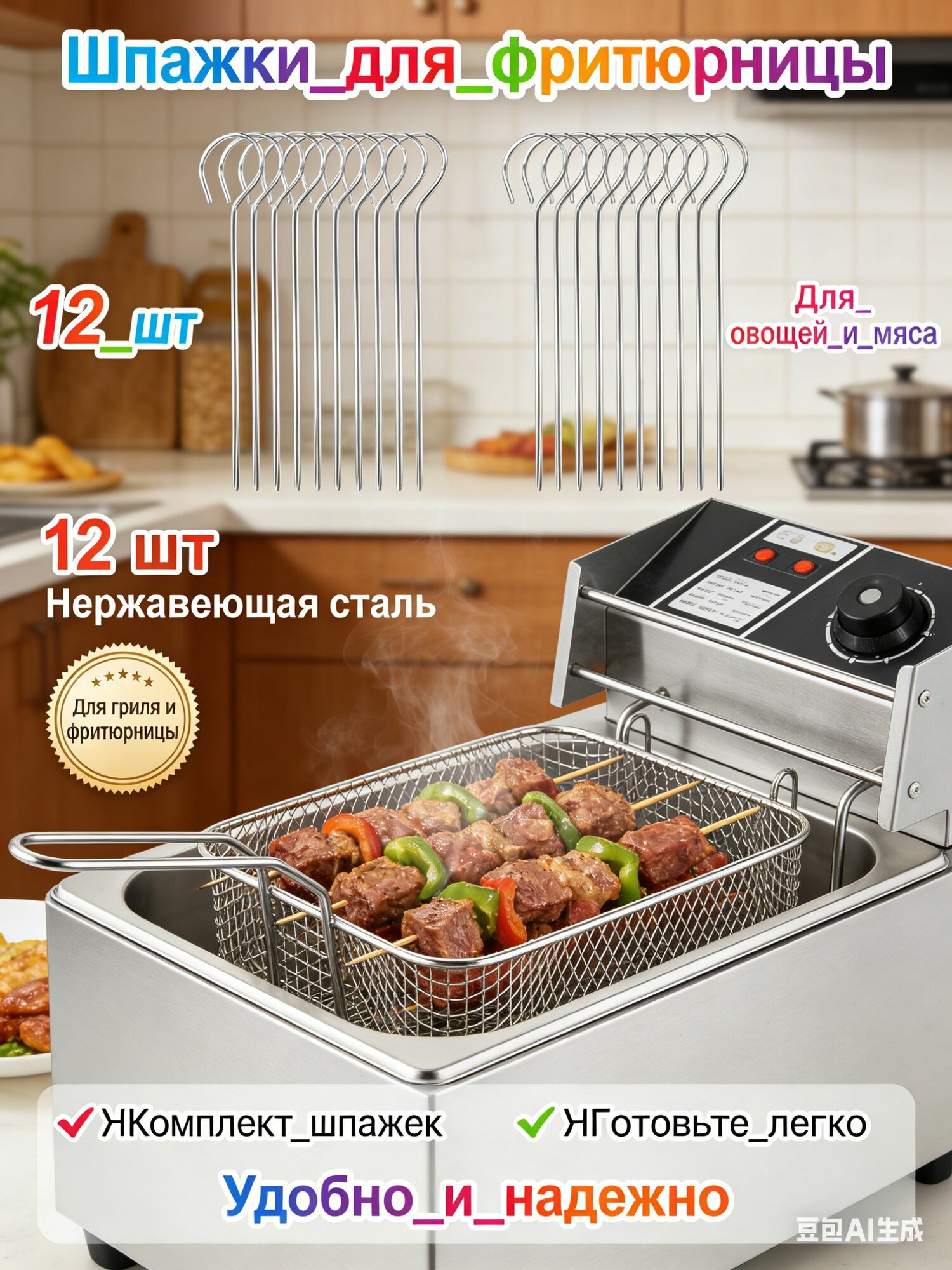 Шпажки для фритюрницы 12 шт, набор из нержавеющей стали для гриля, BBQ-шашлыков, овощей и мяса, аксессуар для аэрогриля и духовки