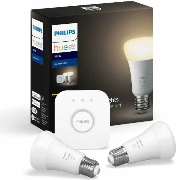 Комплект умный дом Philips Hue White Starter Kit A60 E27 9W 2set RUS 800Лм, 2 Лампы с Hue Bridge (929001821619)