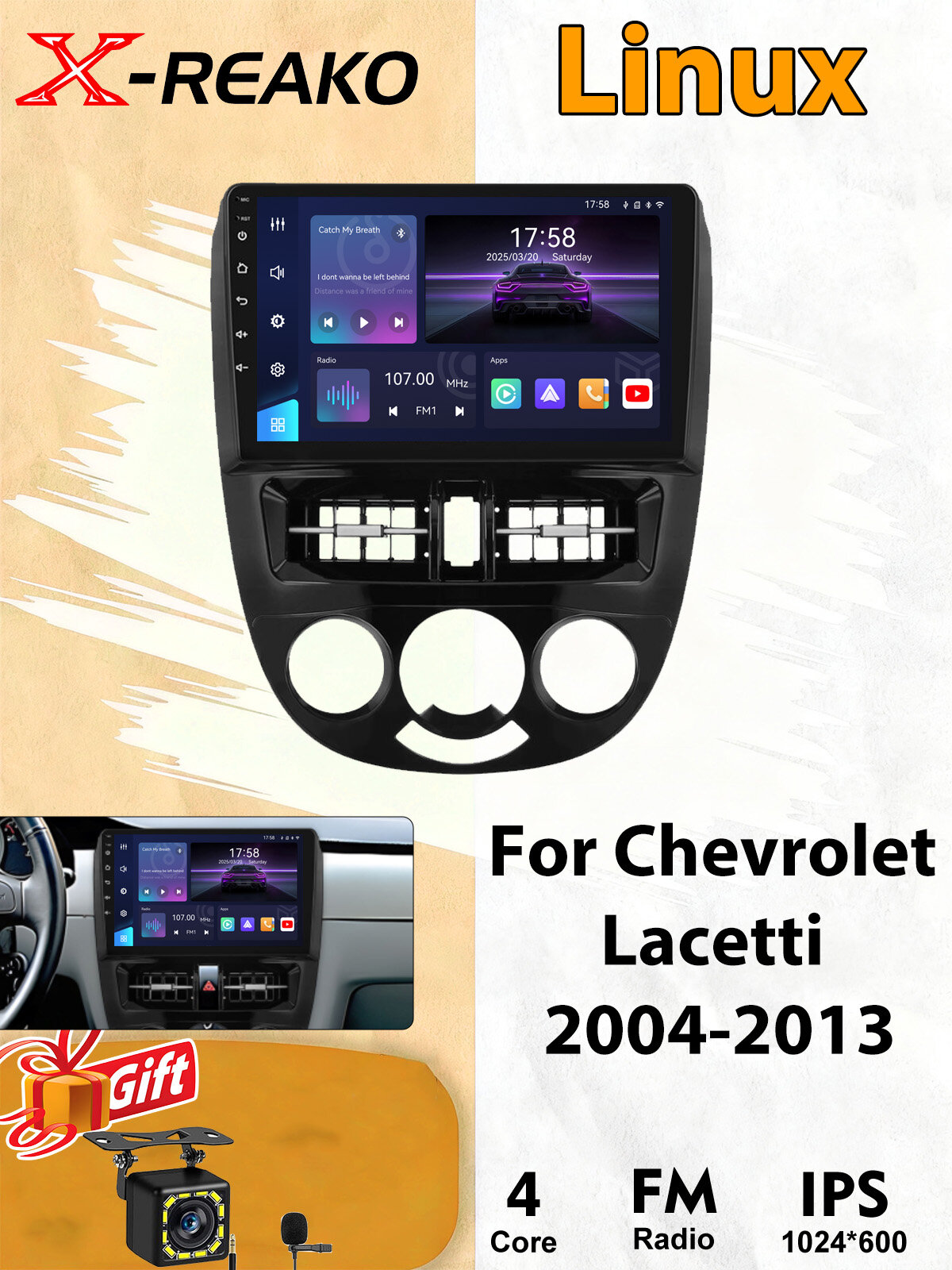 Магнитола для Chevrolet Lacetti, Daewoo Gentra 2004 - 2013 (седан, кондиционер, черный глянец)