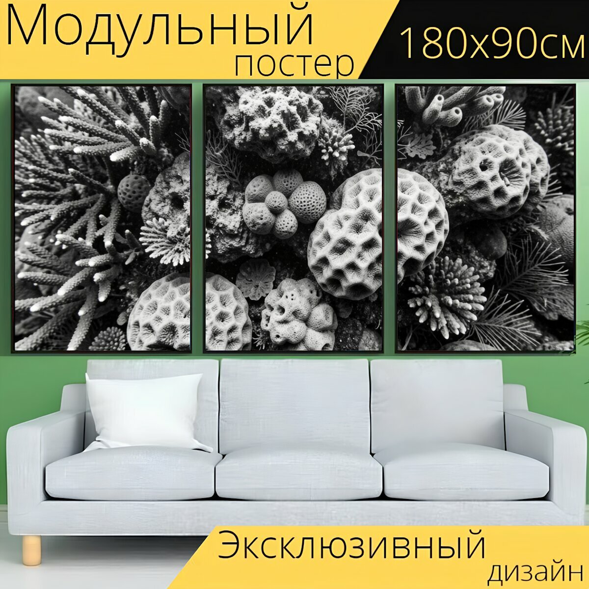 Модульный постер "Черно-белые коралловые формы. Контрастная монохромная композиция с рельефными морскими структурами, ветвистыми и." 180 x 90 см. для интерьера на стену в тубусе