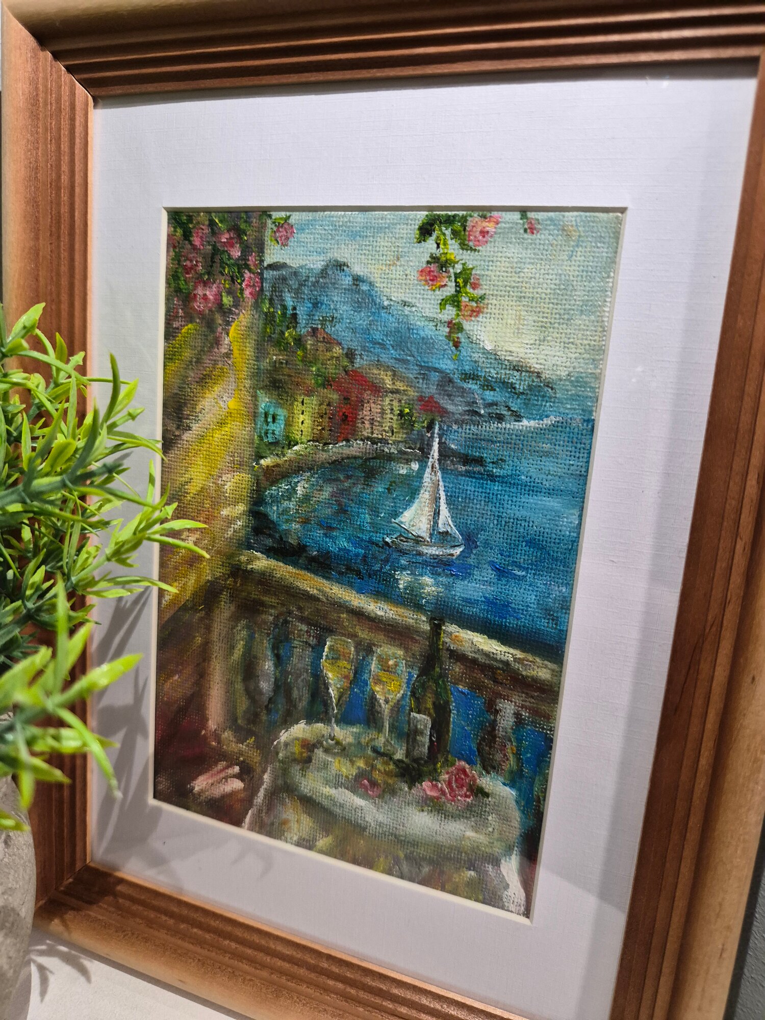 Картина маслом 15×21 см , летний пейзаж, морской пейзаж, маленькая картина в раме