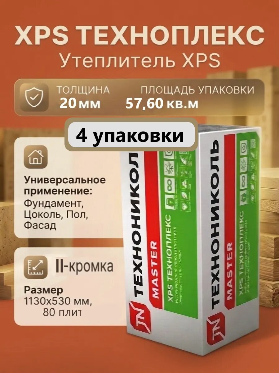 Утеплитель Техноплекс 20 мм, 4 упаковки, 80 листов, экструзионный пенополистирол