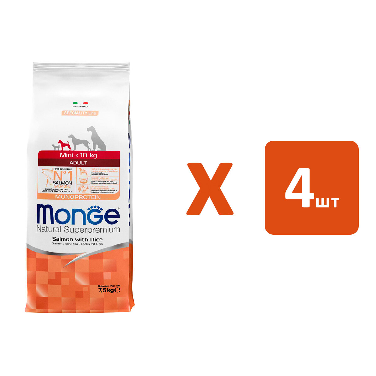 Корм сухой Monge Speciality Dog Mini Adult Salmon для взрослых собак маленьких пород, лосось, рис 7,5 кг 4 шт