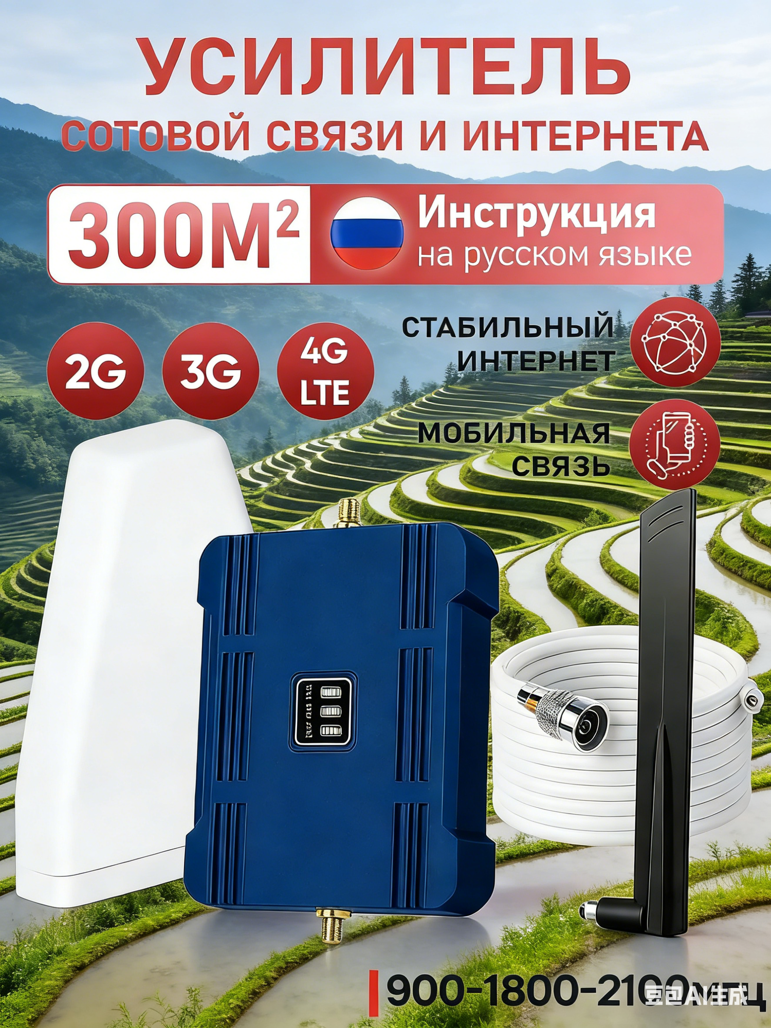 Усилитель сотовой связи 900/1800/2100 МГц (2G/3G/4G): до 70 км, направленный, синий, 1.3 кг