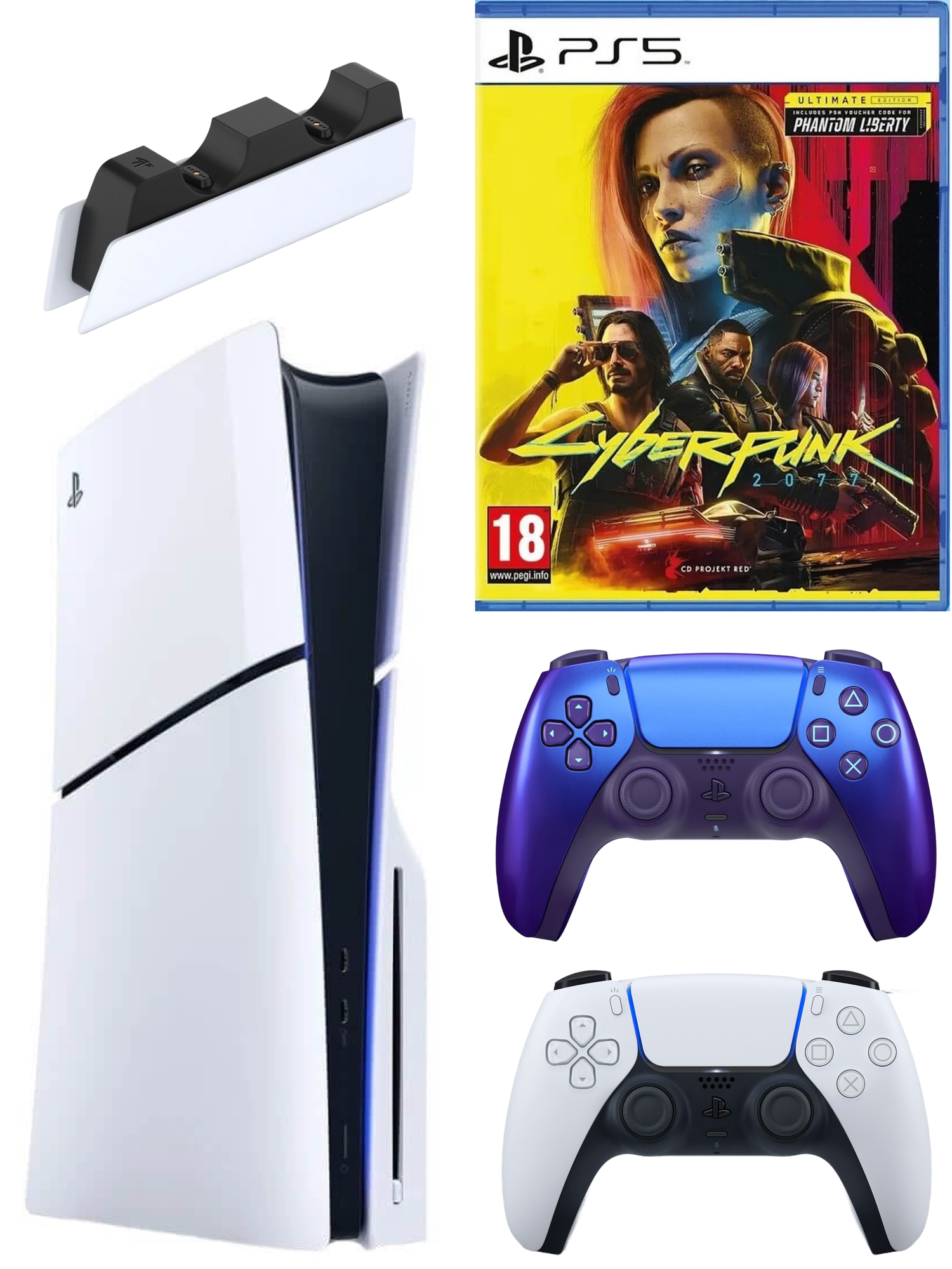 Игровая приставка Sony PS 5 Slim, 1ТБ(с дисководом)+2 геймпад+Зарядная станция+Cyberpunk 2077(подробности в чате)