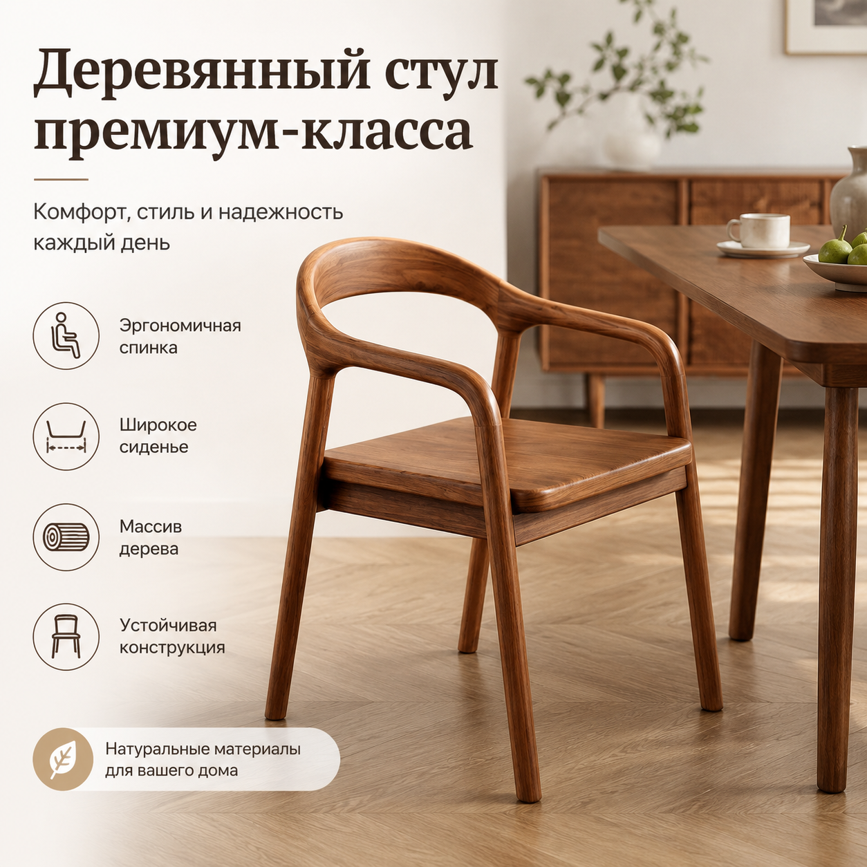 Стул обеденнный "В списках", массив дерева, с подлокотниками, цвет ореховый