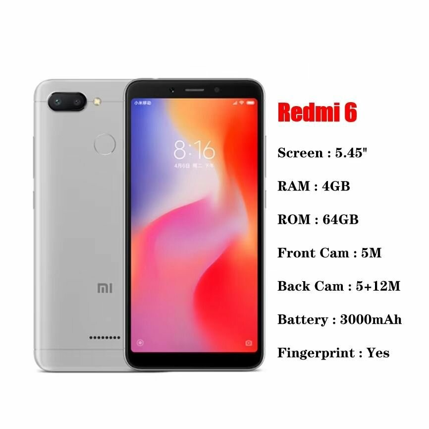 Xiaomi Смартфон Оригинальный Смартфон Redmi 6 4гб 64гб 5.45' Android телефон с подарками чехол и стекло 8.1.0 3000 mAh 4G Global 4/64 ГБ, Nano-SIM, серый