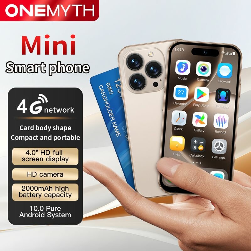 ONEMYTH Смартфон Смартфон ONEMYTH M17 Pro 4.0" Мини-смартфон 2гб RAM 16гб ROM Android10.0 Разблокировка для распознавания лиц 2000mAh 4G Маленький мобильный телефон Global 2/16 ГБ, Nano-SIM, золотой
