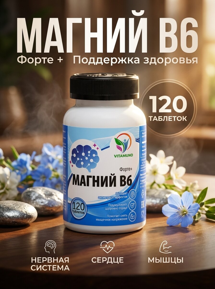 Магний В6 форте "Для здоровья и энергии", успокаивающий, общеукрепляющий, цитрат, 2 табл./день