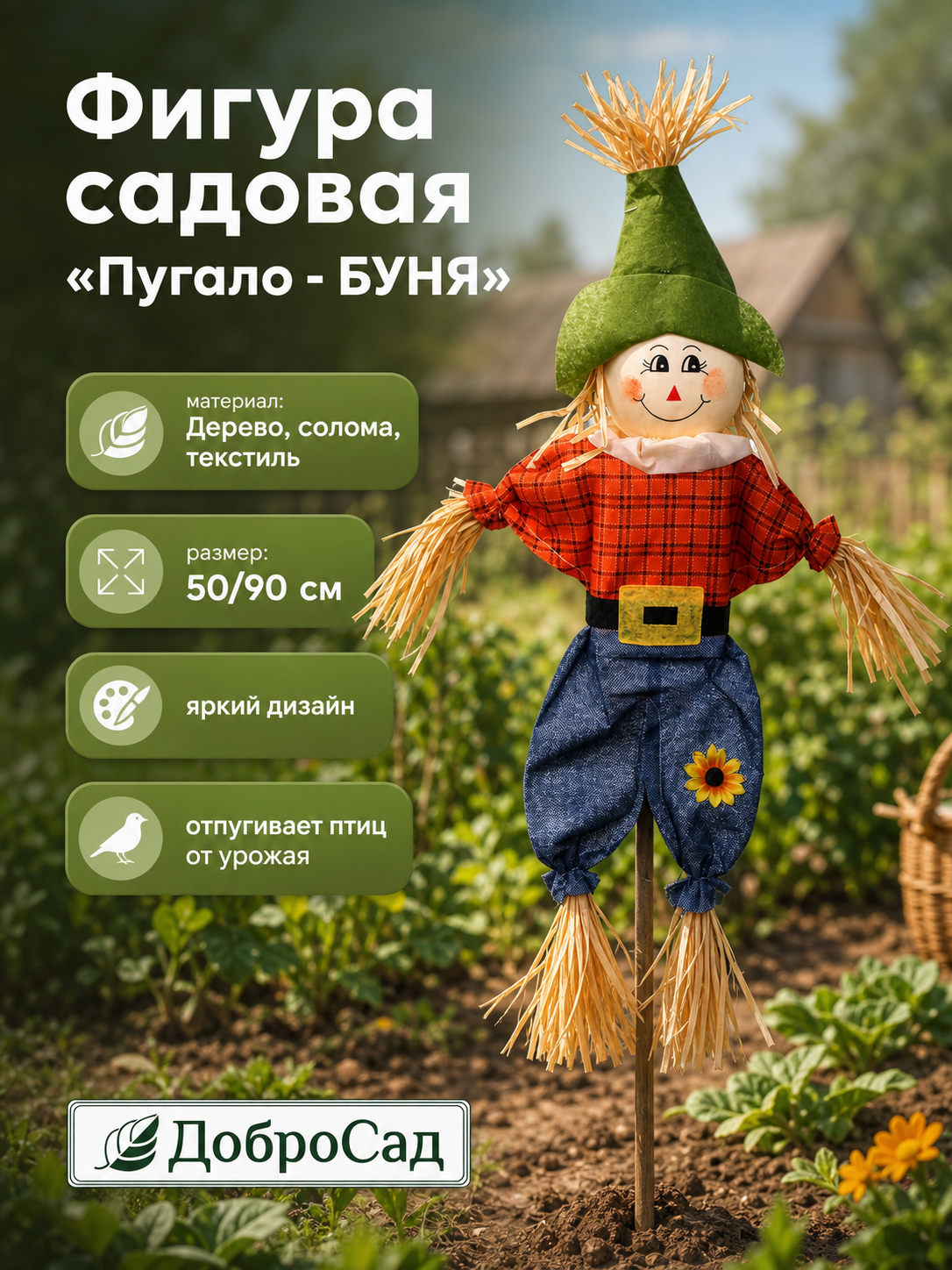 Пугало огородное "Буня" 50 (90) см, текстиль и солома/ Декор для огорода и дачи / Отпугиватель птиц "ДоброСад"