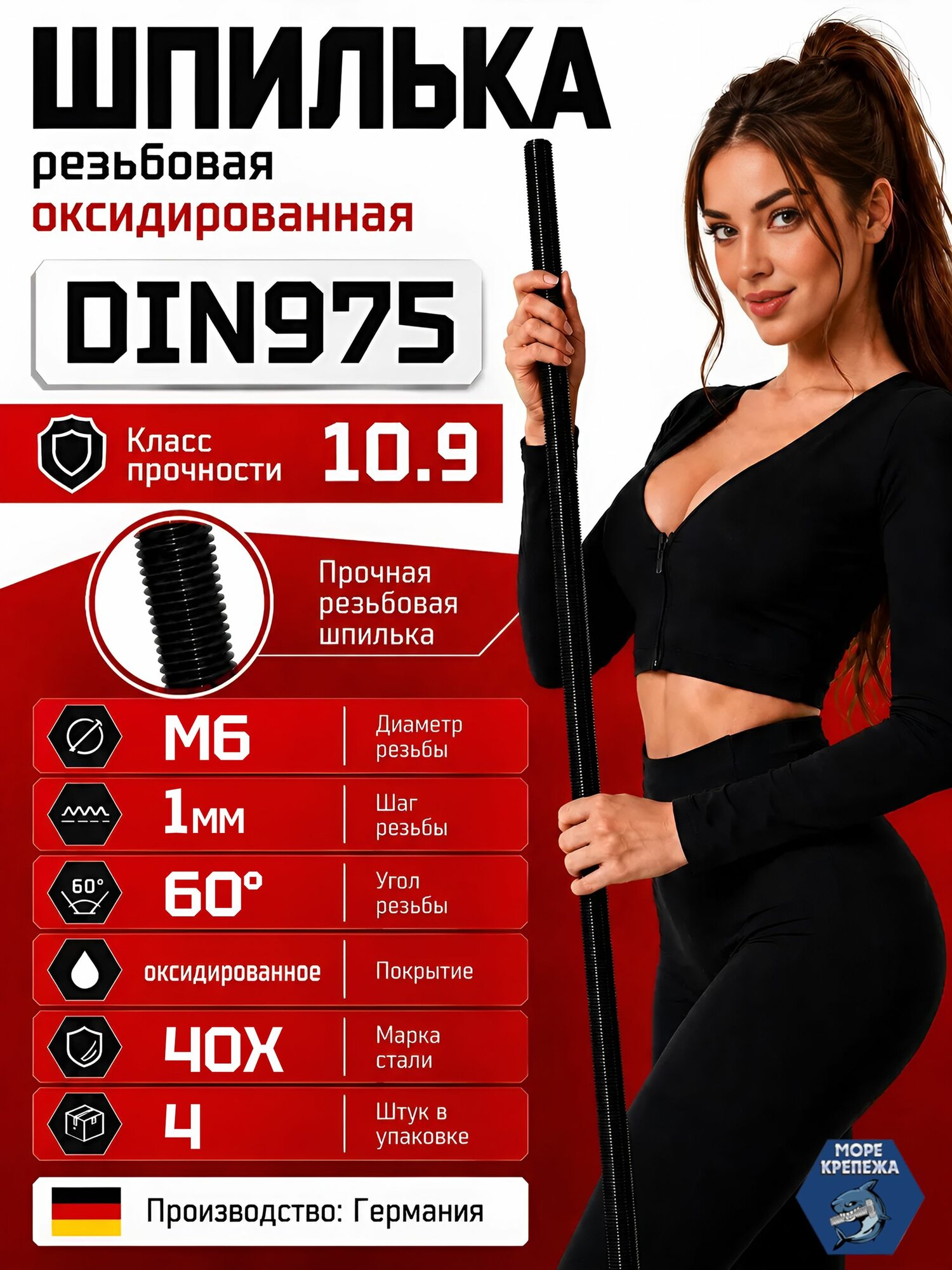 Шпилька высокопрочная резьбовая М6х1000 DIN975 класс прочности 10.9, 4 шт