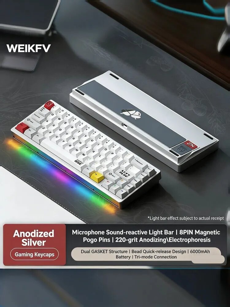 Weikav Клавиатура беспроводная WEIKAV Nut65 алюминиевая беспроводная механическая клавиатура с возможностью горячей замены RGB, (KTT Coconut Latte), Английская раскладка, серебристый, белый