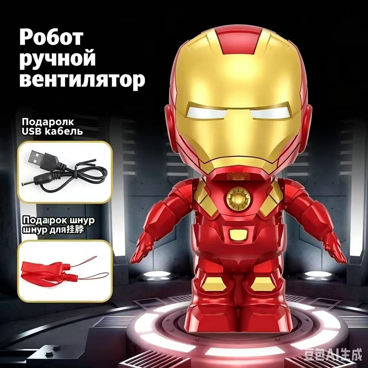 Портативный ручной USB-вентилятор Железного Человека, в комплекте зарядный кабель и шнурок