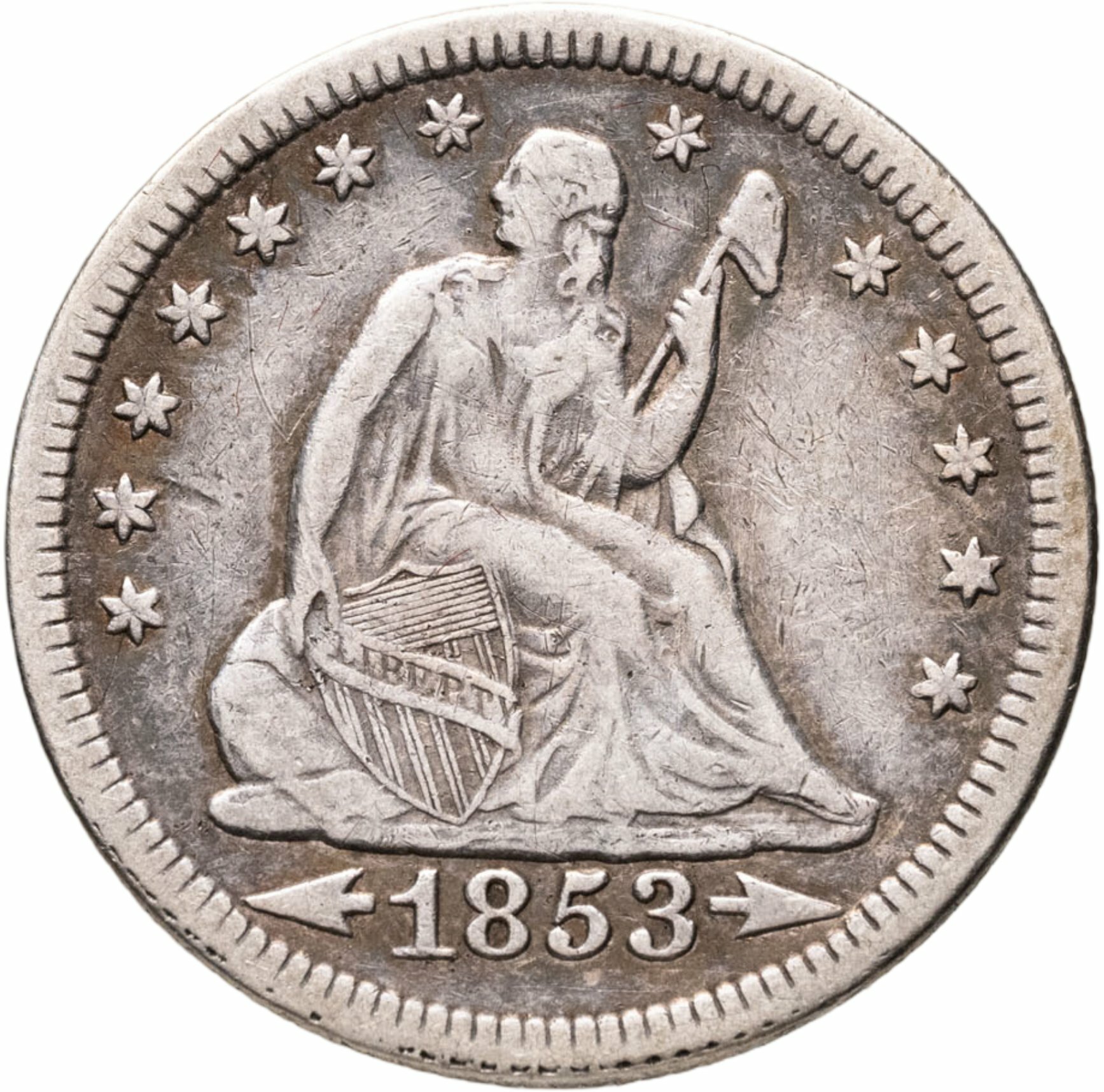 США 25 центов квотер, 1/4 доллара, quarter dollar 1853 Seated Liberty Quarter Без отметки монетного двора США, Серебро 900, в сохранности VF