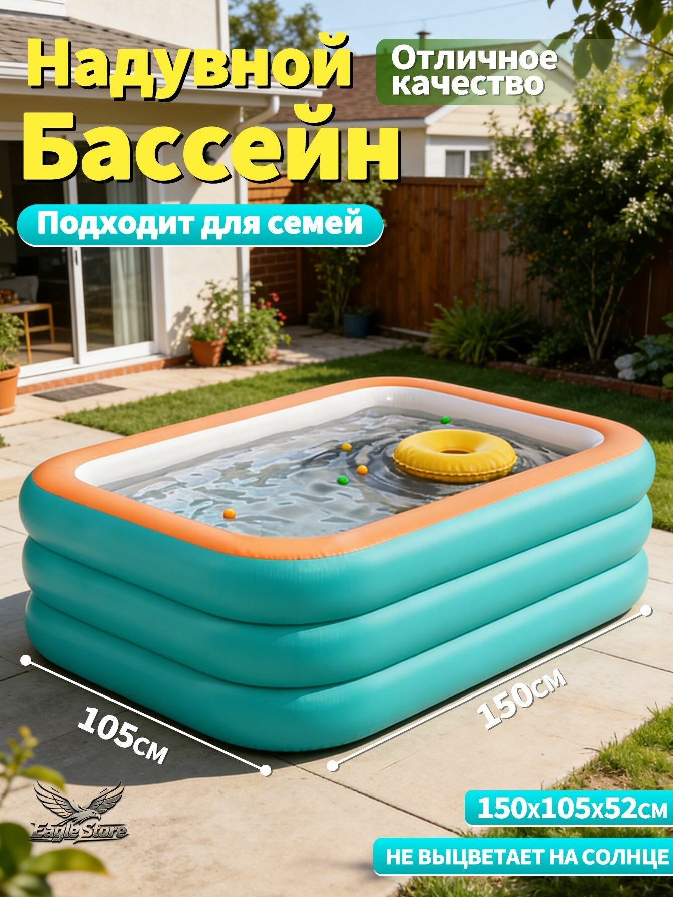 Бассейн/бассейн надувной детский150 *105* 52 см, прямоугольный, ПВХ для детей прямоугольной формы из поливинилхлорида