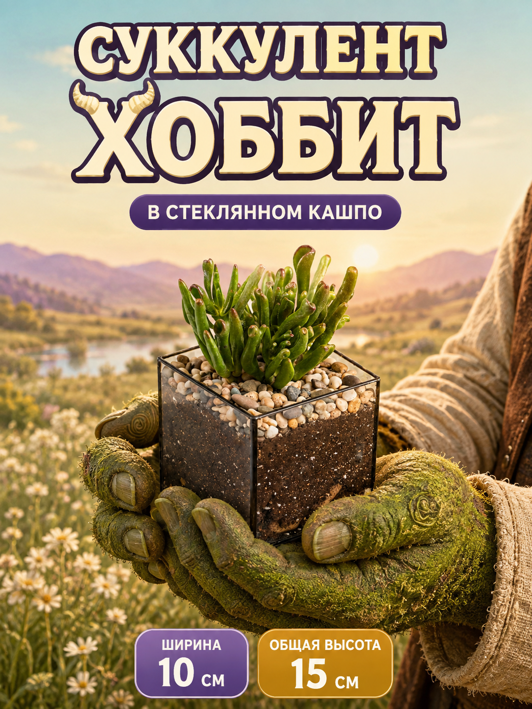 Geo Glass: Суккулент живой , стеклянное кашпо , крассула Хоббит 20 см