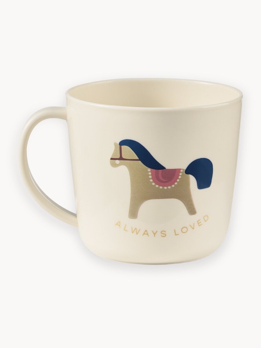 15006, Кружка детская ударопрочная Happy Baby, для малышей, с надписью, пластиковая, чашка, 200мл, бежевая с лошадкой