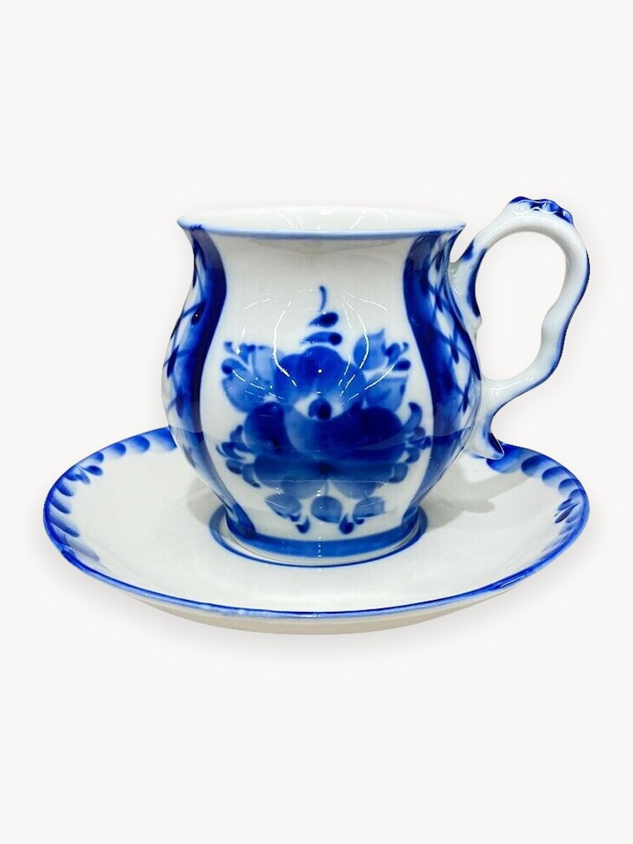 Чайная пара Голубая рапсодия объем 280 мл. Гжель ручная роспись