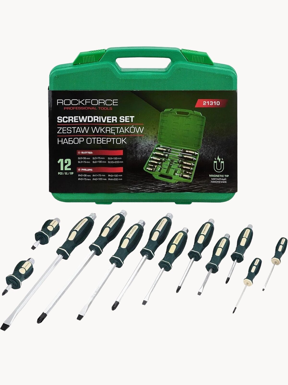 Набор, Rockforce, силовых отверток Rockforce ударных 12 предметов в кейсе RF-21310(15216), пластиковом