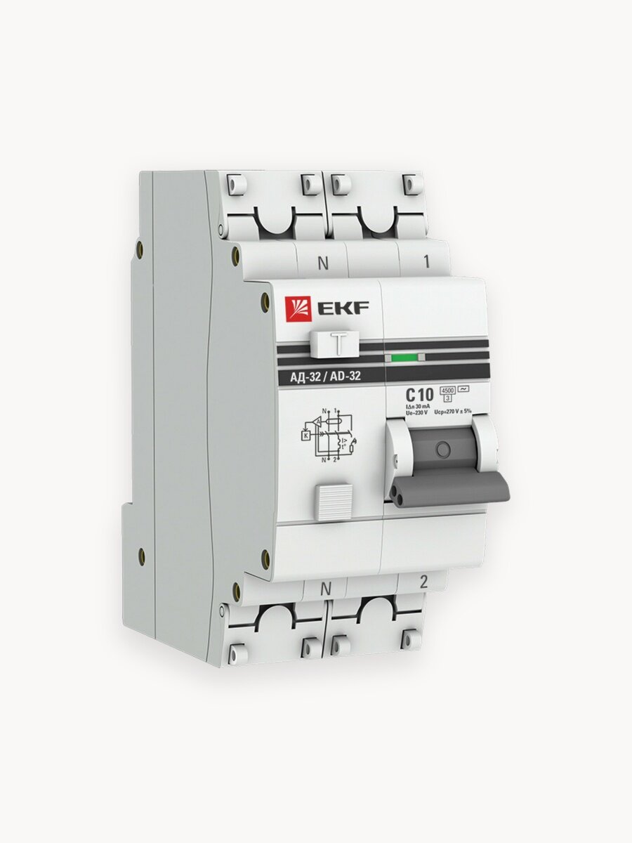 Дифференциальный автомат АД-32 1P-N 10А-30мА (хар. C, AC, электронный, защита 270В) 4,5кА EKF PROxima