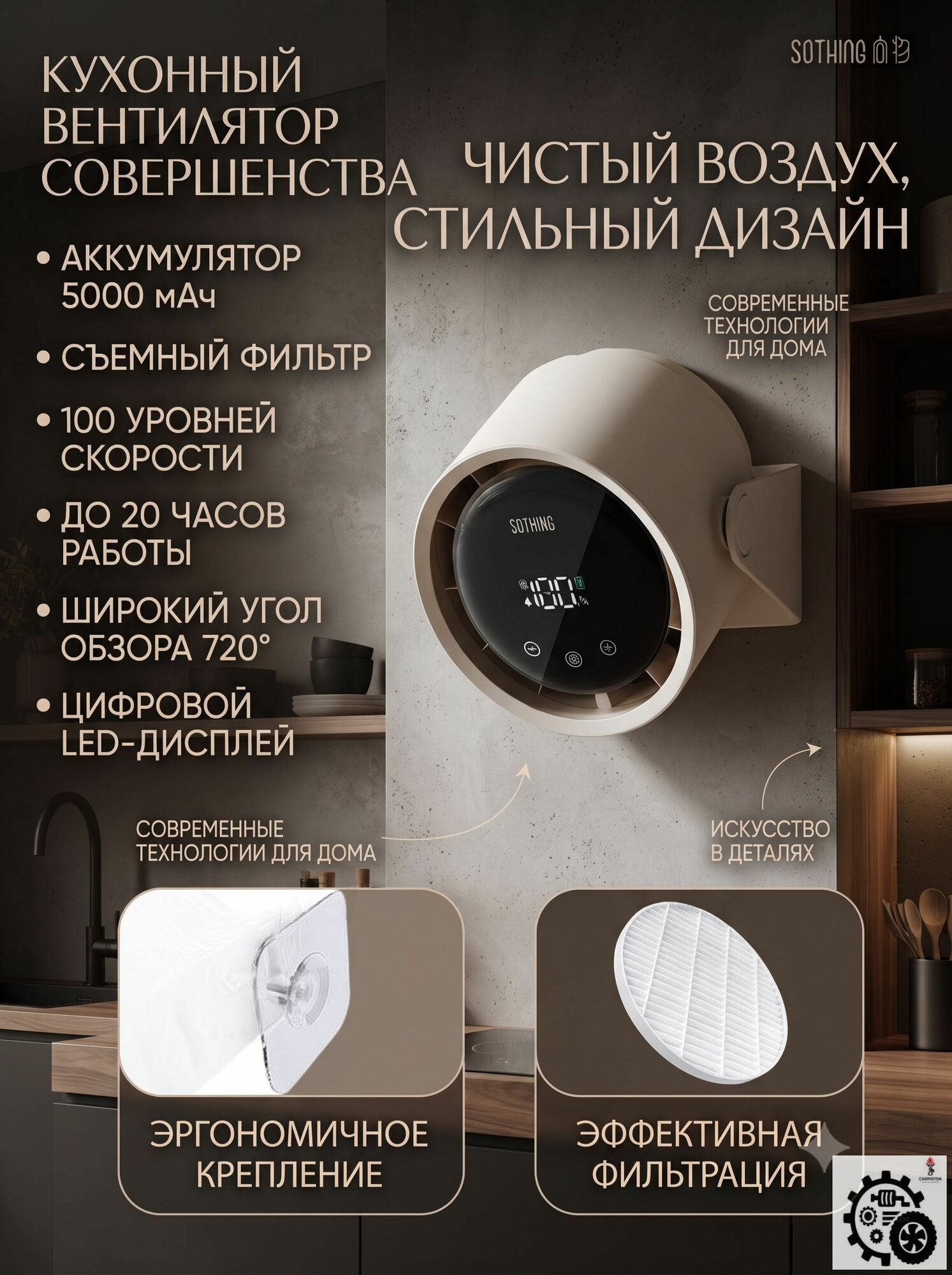 Настенный кухонный вентилятор, портативная мини вытяжка, аккумулятор 5000 мАч, работа до 20 часов, съемный фильтр, 720