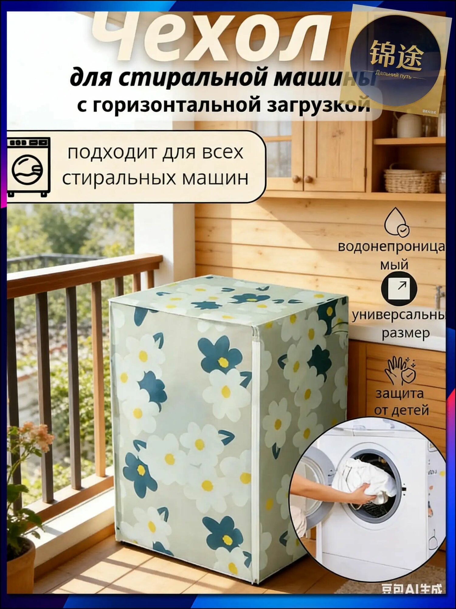 Чехол для стиральной машины с горизонтальной загрузкой ,1штук, принт цветы , защитный чехол для стиральной машины