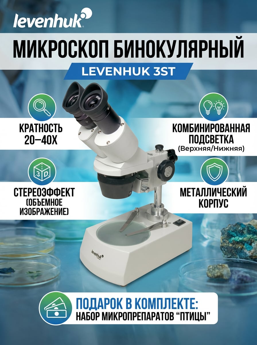 Микроскоп бинокулярный Levenhuk 3ST в комплекте с набором микропрепаратов Levenhuk Discovery Prof DPS 5. Птицы