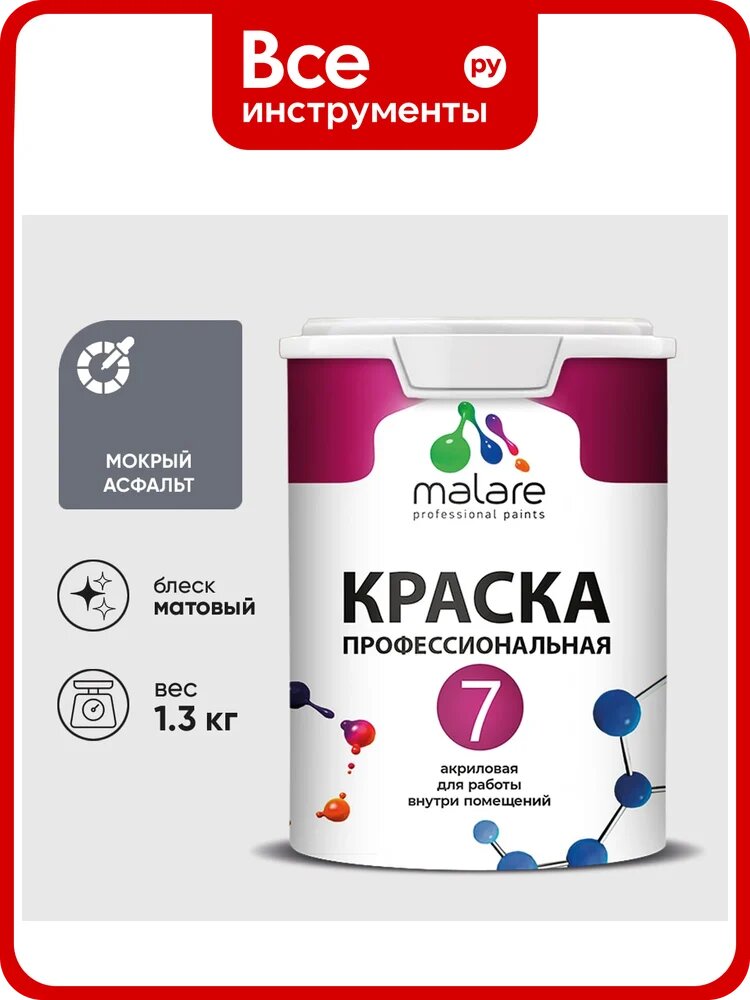 Краска для стен, потолков и обоев MALARE Евро 7, мокрый асфальт, 1,3 кг 2021761137000 КЕВРО7МОАМ0130