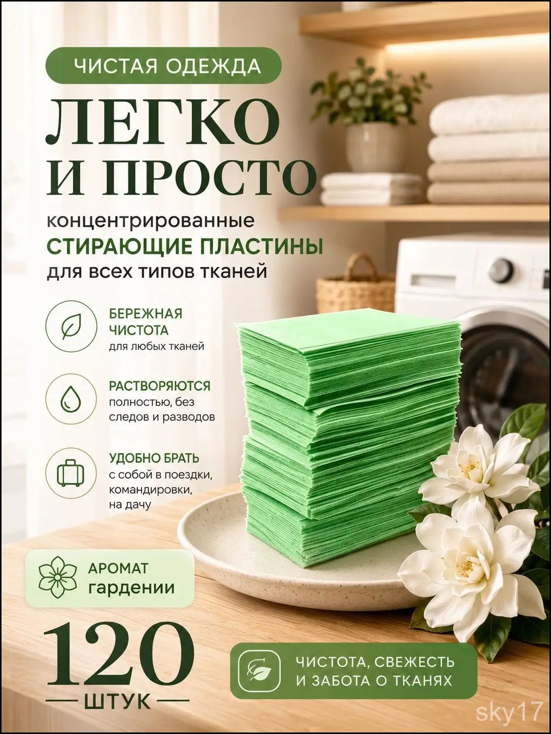 Стиральные пластины для стирки, 120 шт, Аромат гардении, концентрированные, для всех типов тканей, пятновыводитель