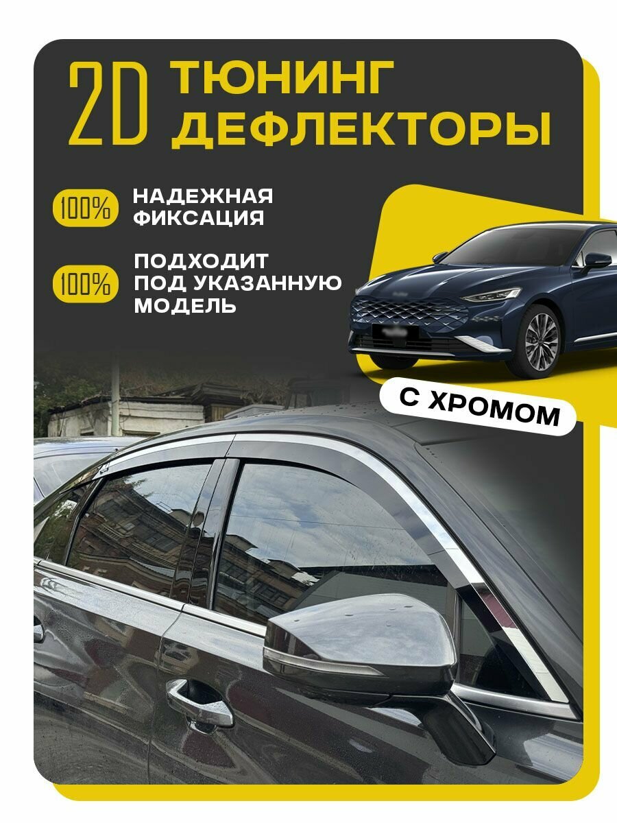 Плоские тюнинг дефлекторы с хромом для Kia K8 седан (2021-2025) 1 поколение / Ветровики на Киа К8. Комплект 6 шт.