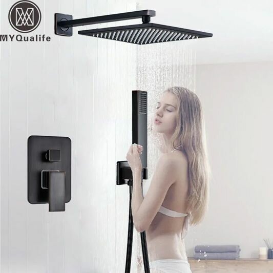 Латунная душевая система с тропическим душем, черный цв.