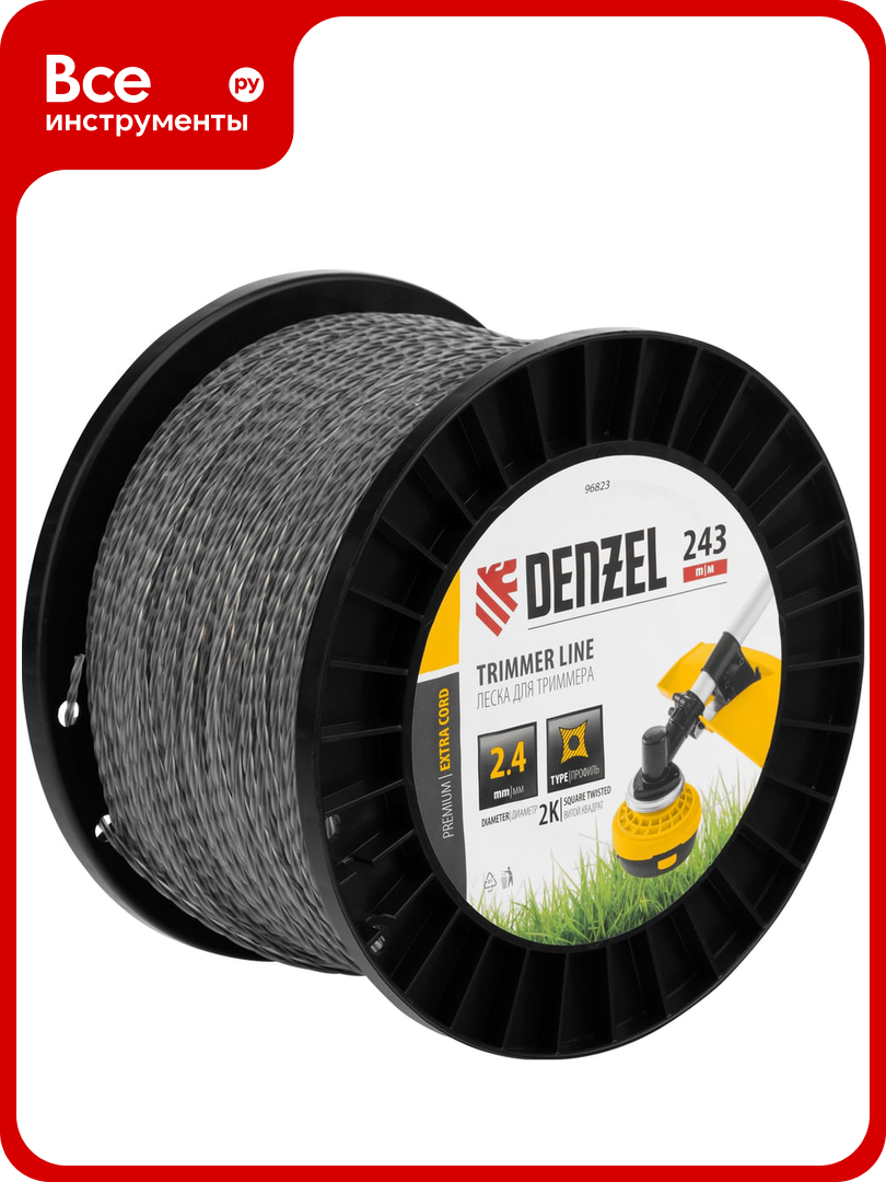 Леска двухкомпонентная EXTRA CORD (2.4 мм, 243 м, витой квадрат, на DIN катушке) для триммера Denzel 96823
